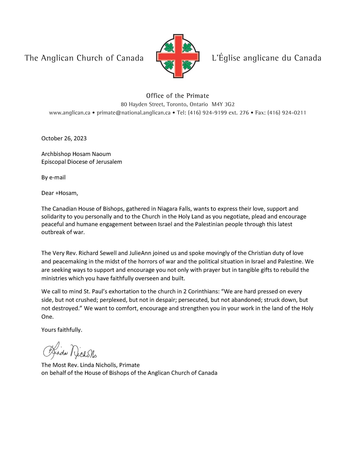 Letter To Archbishop Hosam Naoum From The Primate Anglican Diocese Of New Westminster
